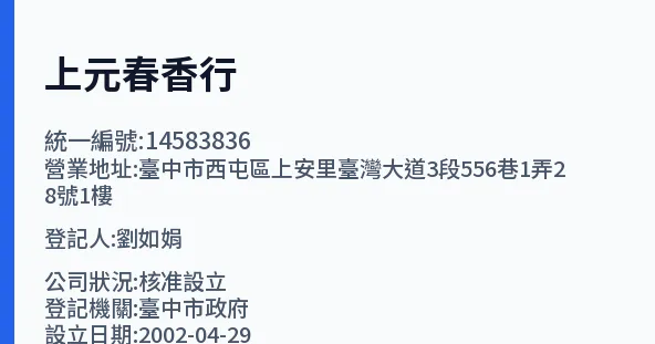 上元春香行的照片-統編 14583836(臺中市) 公司登記資料與營業項目詳細圖表