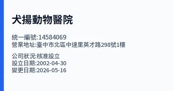犬揚動物醫院的照片-統編 14584069(臺中市) 公司登記資料與營業項目詳細圖表