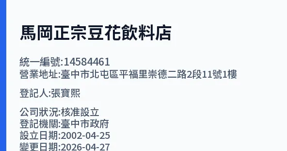 馬岡正宗豆花飲料店的照片-統編 14584461(臺中市) 公司登記資料與營業項目詳細圖表