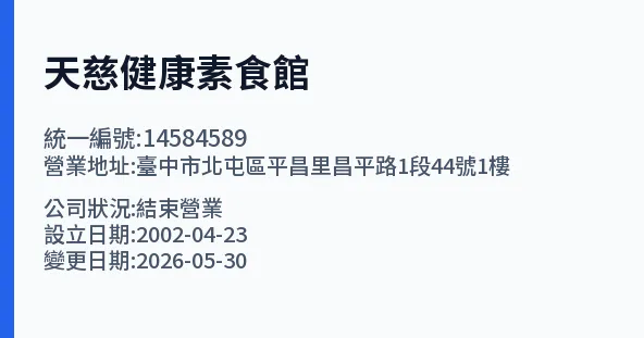 天慈健康素食館的照片-統編 14584589(臺中市) 公司登記資料與營業項目詳細圖表