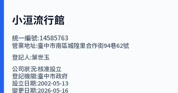 小洹流行館的照片-統編 14585763(臺中市) 公司登記資料與營業項目詳細圖表