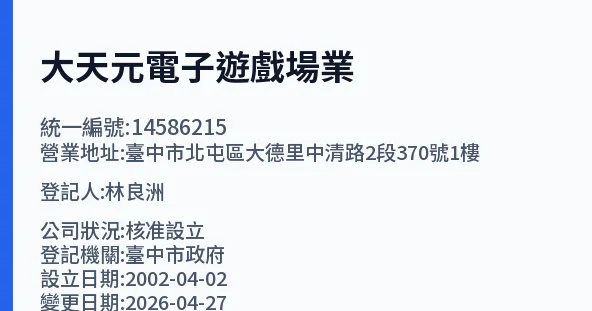 大天元電子遊戲場業的照片-統編 14586215(臺中市) 公司登記資料與營業項目詳細圖表