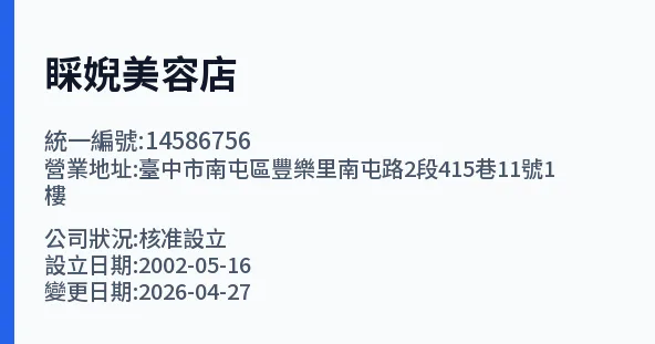 睬婗美容店的照片-統編 14586756(臺中市) 公司登記資料與營業項目詳細圖表