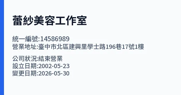蕾紗美容工作室的照片-統編 14586989(臺中市) 公司登記資料與營業項目詳細圖表