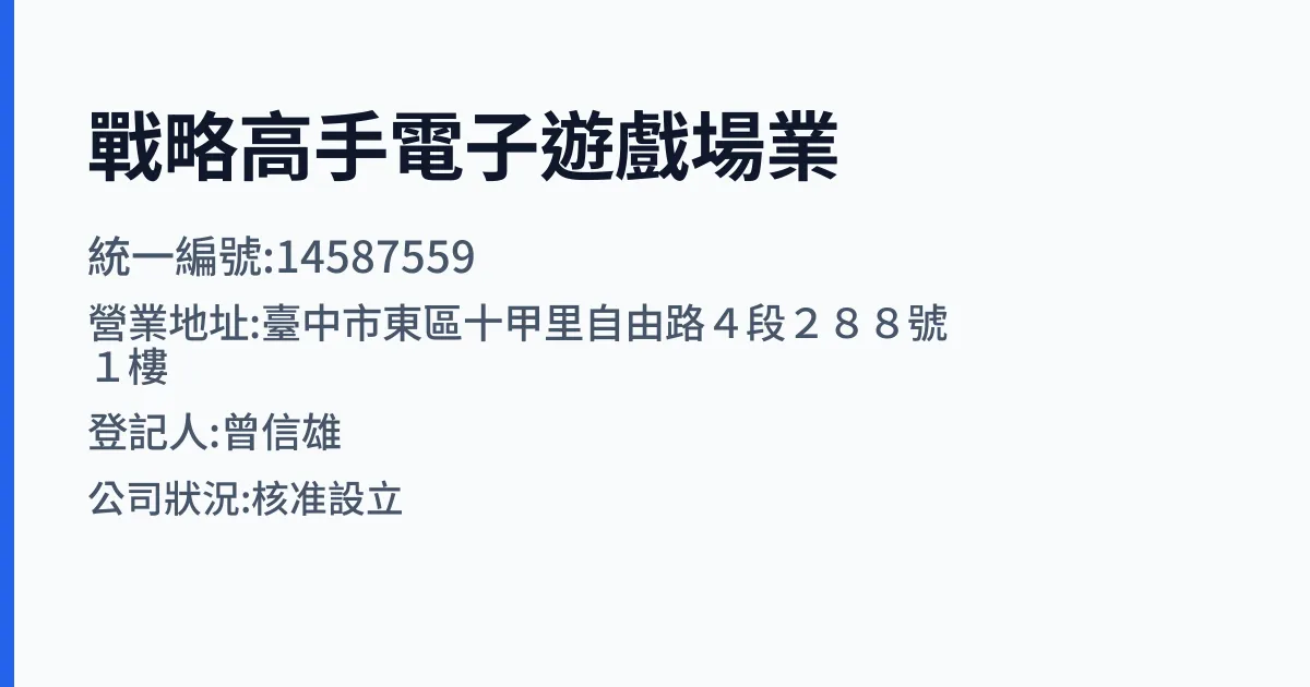 戰略高手電子遊戲場業 - 統編 14587559(臺中市) 公司登記資料與營業項目詳細圖表
