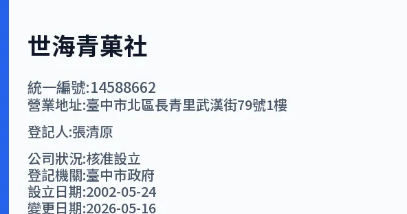 世海青菓社的照片-統編 14588662(臺中市) 公司登記資料與營業項目詳細圖表