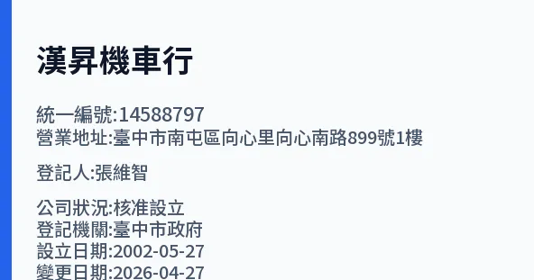 漢昇機車行的照片-統編 14588797(臺中市) 公司登記資料與營業項目詳細圖表