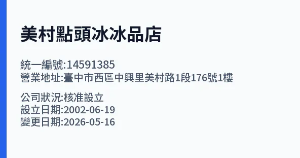 美村點頭冰冰品店的照片-統編 14591385(臺中市) 公司登記資料與營業項目詳細圖表