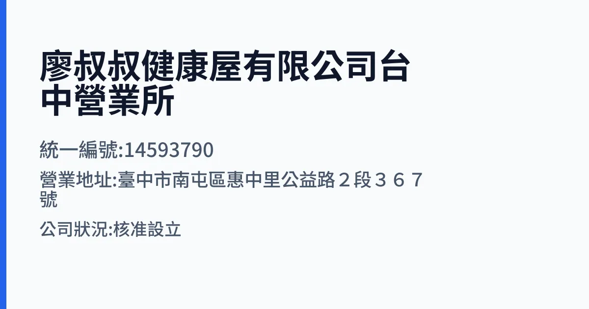廖叔叔健康屋有限公司台中營業所 - 統編 14593790(臺中市) 公司登記資料與營業項目詳細圖表