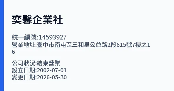 奕馨企業社的照片-統編 14593927(臺中市) 公司登記資料與營業項目詳細圖表