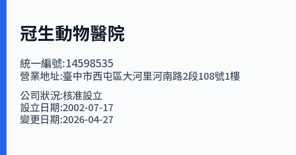 冠生動物醫院的照片-統編 14598535(臺中市) 公司登記資料與營業項目詳細圖表