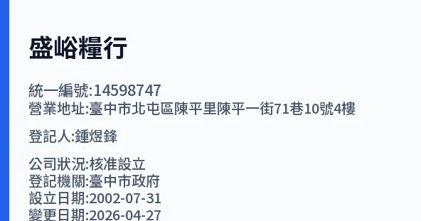 盛峪糧行的照片-統編 14598747(臺中市) 公司登記資料與營業項目詳細圖表