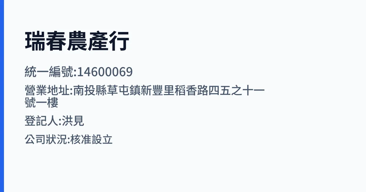 瑞春農產行 - 統編 14600069(南投縣) 公司登記資料與營業項目詳細圖表