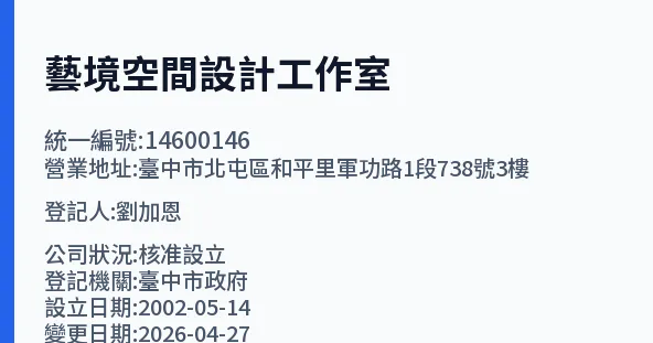 藝境空間設計工作室的照片-統編 14600146(臺中市) 公司登記資料與營業項目詳細圖表