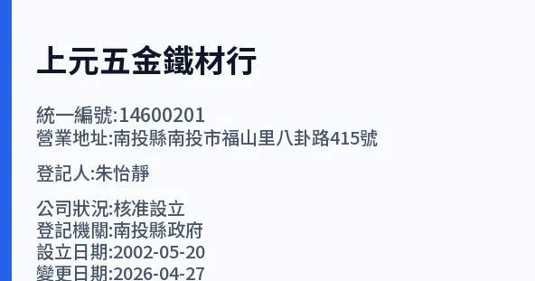 上元五金鐵材行的照片-統編 14600201(南投縣) 公司登記資料與營業項目詳細圖表