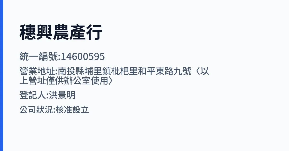 穗興農產行 - 統編 14600595(南投縣) 公司登記資料與營業項目詳細圖表