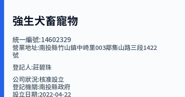 強生犬畜寵物的照片-統編 14602329(南投縣) 公司登記資料與營業項目詳細圖表