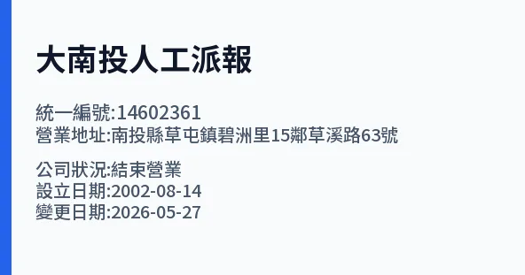 大南投人工派報的照片-統編 14602361(南投縣) 公司登記資料與營業項目詳細圖表
