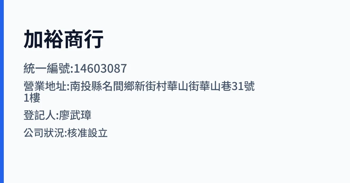 加裕商行 - 統編 14603087(南投縣) 公司登記資料與營業項目詳細圖表