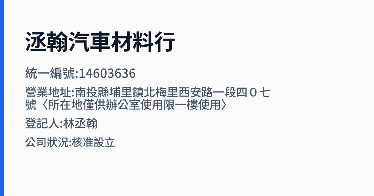 洆翰汽車材料行 - 統編 14603636(南投縣) 公司登記資料與營業項目詳細圖表