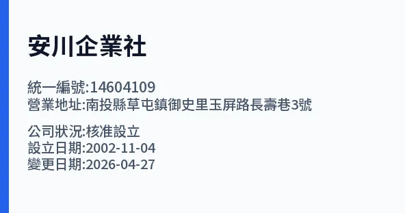 安川企業社的照片-統編 14604109(南投縣) 公司登記資料與營業項目詳細圖表