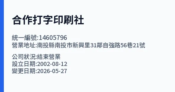 合作打字印刷社的照片-統編 14605796(南投縣) 公司登記資料與營業項目詳細圖表