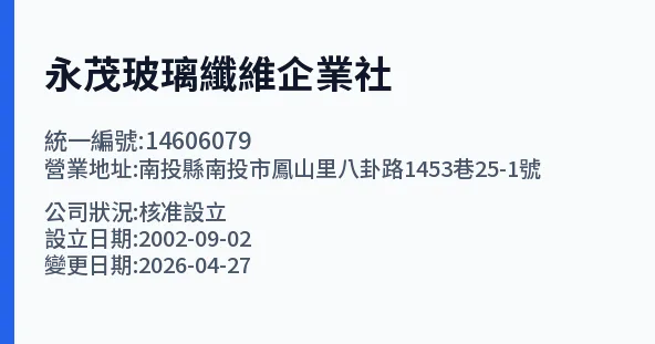 永茂玻璃纖維企業社的照片-統編 14606079(南投縣) 公司登記資料與營業項目詳細圖表