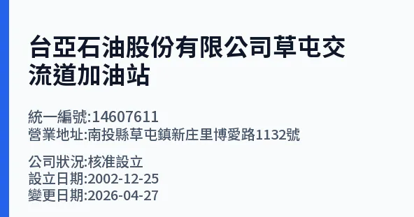 台亞石油股份有限公司草屯交流道加油站的照片-統編 14607611(南投縣) 公司登記資料與營業項目詳細圖表