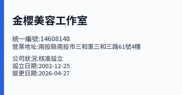 金櫻美容工作室的照片-統編 14608148(南投縣) 公司登記資料與營業項目詳細圖表