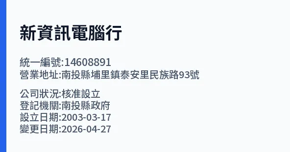 新資訊電腦行的照片-統編 14608891(南投縣) 公司登記資料與營業項目詳細圖表