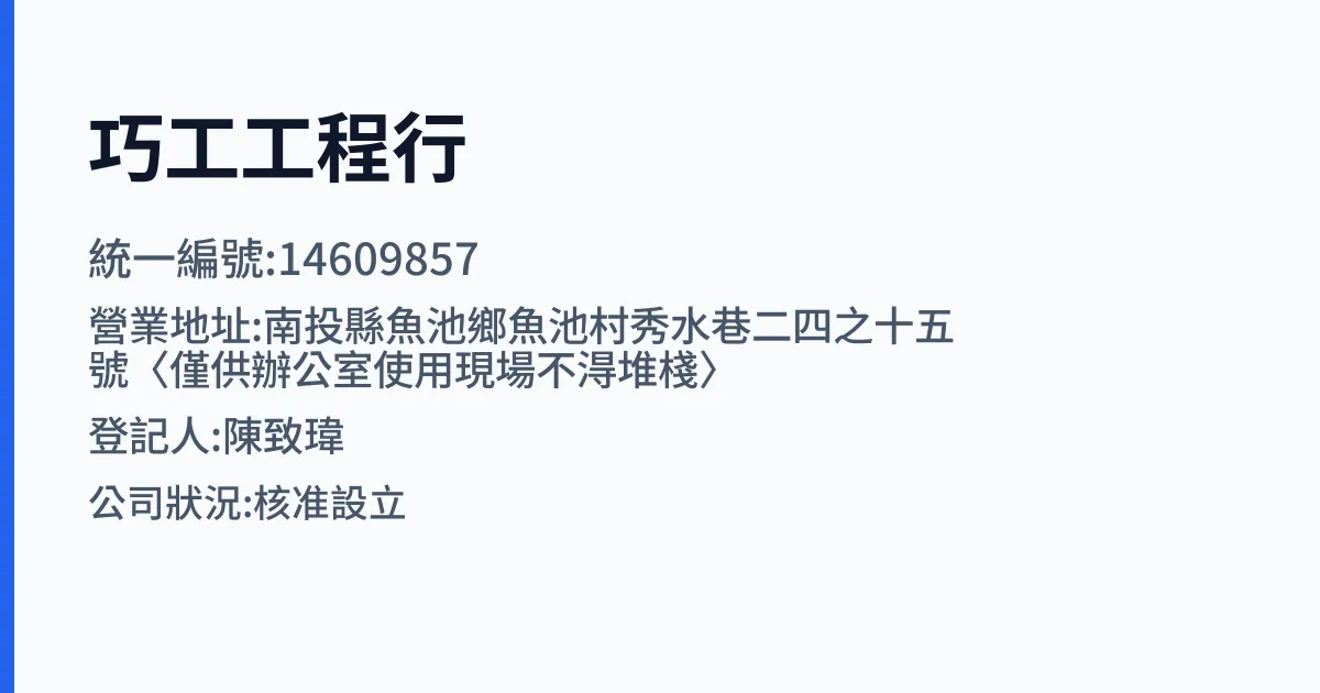巧工工程行 - 統編 14609857(南投縣) 公司登記資料與營業項目詳細圖表