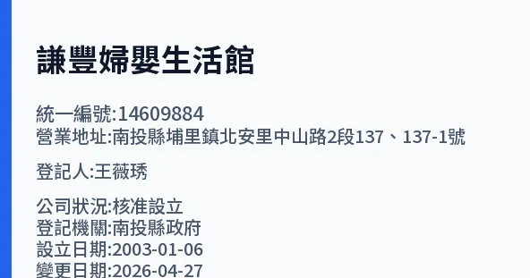 謙豐婦嬰生活館的照片-統編 14609884(南投縣) 公司登記資料與營業項目詳細圖表