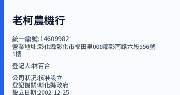 老柯農機行的照片-統編 14609982(彰化縣) 公司登記資料與營業項目詳細圖表