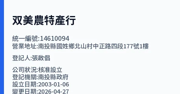 双美農特產行的照片-統編 14610094(南投縣) 公司登記資料與營業項目詳細圖表