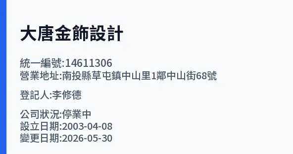 大唐金飾設計的照片-統編 14611306(南投縣) 公司登記資料與營業項目詳細圖表