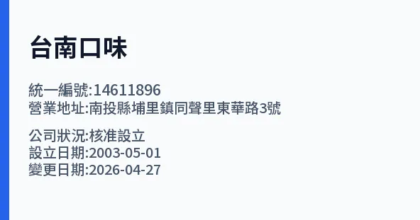台南口味的照片-統編 14611896(南投縣) 公司登記資料與營業項目詳細圖表