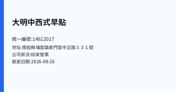 大明中西式早點的照片-統編 14612017(南投縣) 公司登記資料與營業項目詳細圖表
