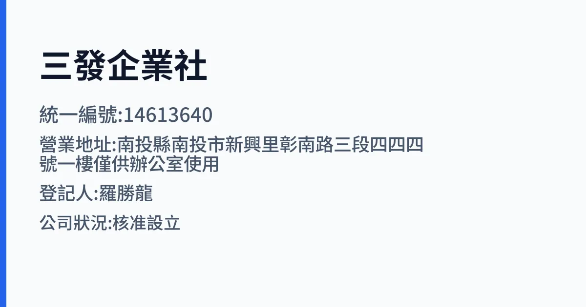 三發企業社 - 統編 14613640(南投縣) 公司登記資料與營業項目詳細圖表