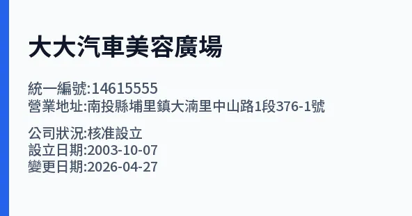 大大汽車美容廣場的照片-統編 14615555(南投縣) 公司登記資料與營業項目詳細圖表
