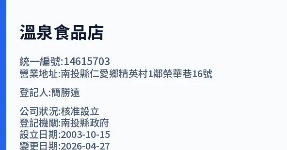 溫泉食品店的照片-統編 14615703(南投縣) 公司登記資料與營業項目詳細圖表