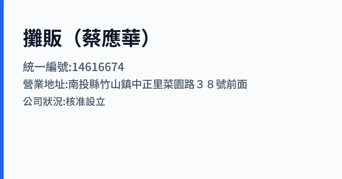 攤販（蔡應華） - 統編 14616674(南投縣) 公司登記資料與營業項目詳細圖表