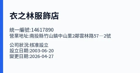 衣之林服飾店的照片-統編 14617890(南投縣) 公司登記資料與營業項目詳細圖表