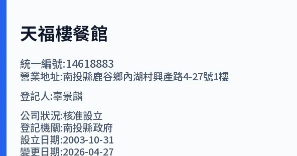 天福樓餐館的照片-統編 14618883(南投縣) 公司登記資料與營業項目詳細圖表