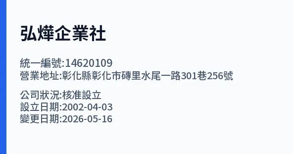 弘燁企業社的照片-統編 14620109(彰化縣) 公司登記資料與營業項目詳細圖表