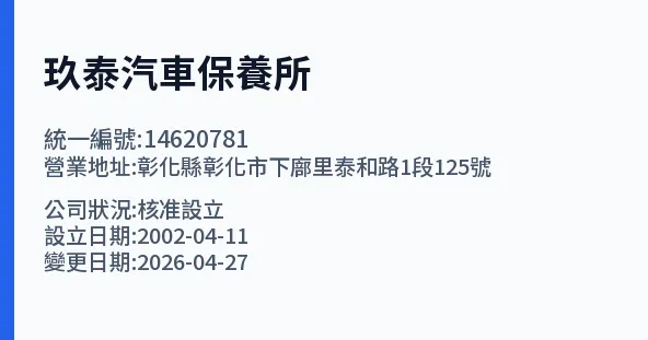 玖泰汽車保養所的照片-統編 14620781(彰化縣) 公司登記資料與營業項目詳細圖表