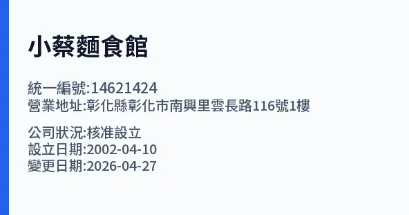 小蔡麵食館的照片-統編 14621424(彰化縣) 公司登記資料與營業項目詳細圖表
