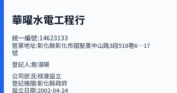 華曜水電工程行的照片-統編 14623133(彰化縣) 公司登記資料與營業項目詳細圖表