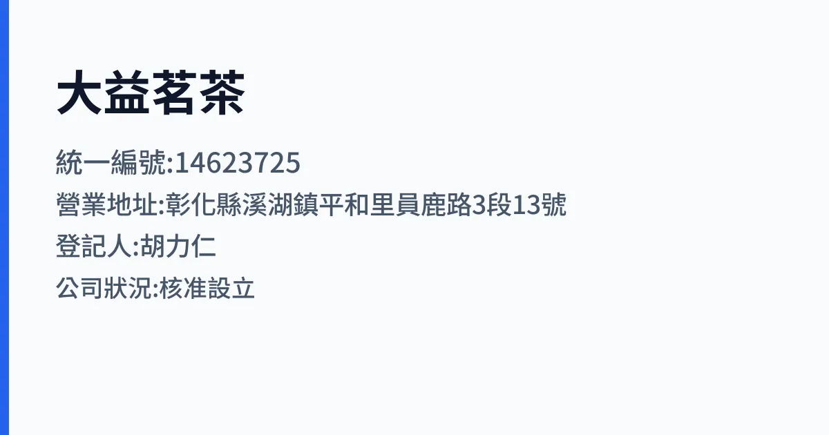 大益茗茶 - 統編 14623725(彰化縣) 公司登記資料與營業項目詳細圖表