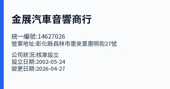金展汽車音響商行的照片-統編 14627026(彰化縣) 公司登記資料與營業項目詳細圖表