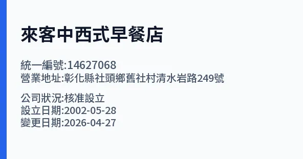 來客中西式早餐店的照片-統編 14627068(彰化縣) 公司登記資料與營業項目詳細圖表